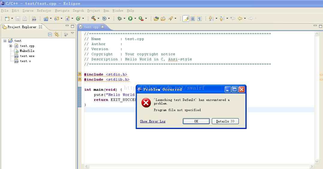 Eclipse平台 Launching Test Default Has Encountered A Problem Program File Not Specified解决