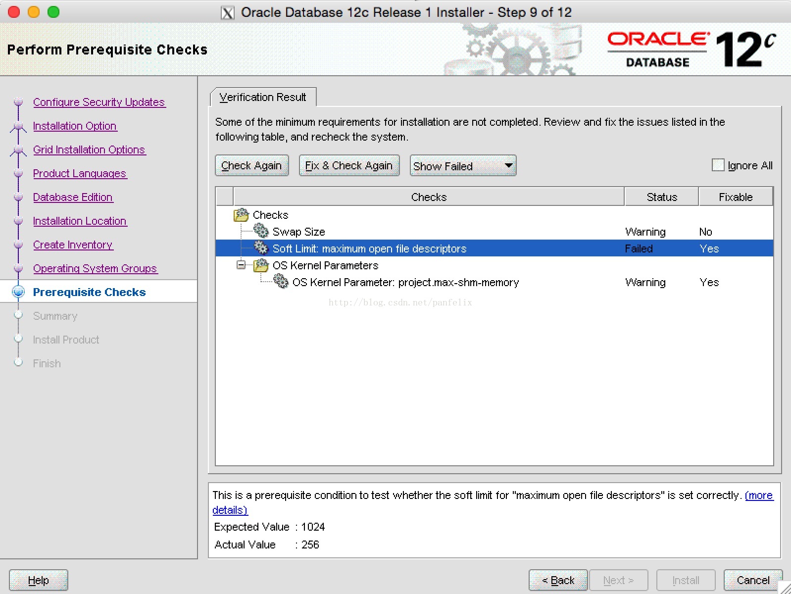 在solaris10上安装oracle 12c时遇到：soft Limitmaxmum Open File Descriptors错误soft Rlimits For Open File 