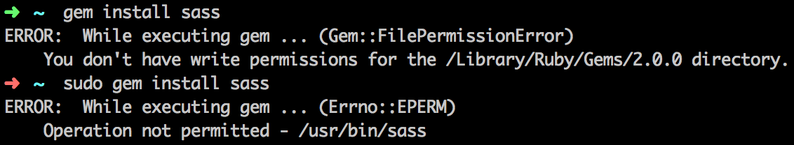 Sass Error While Executing Gem Errno Eperm Operation Not Permitted Usr Bin Sass Sass