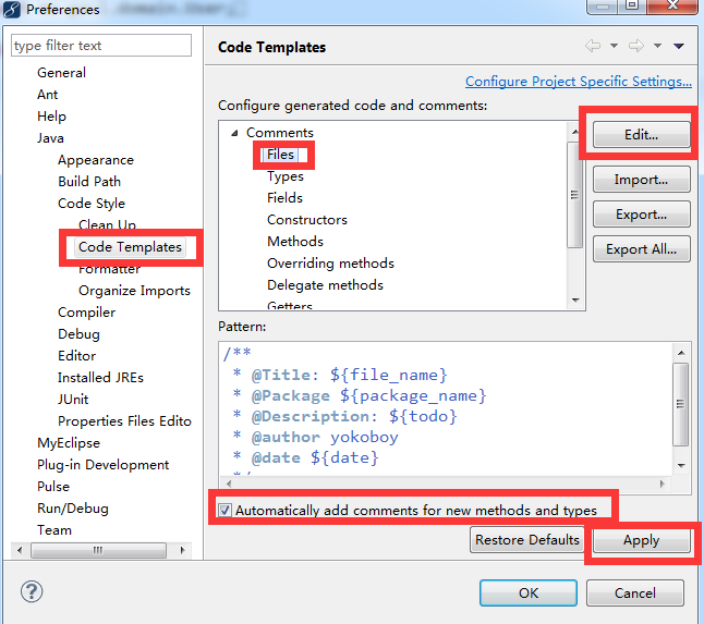 Myeclipse中java文件注释格式设置myeclipse 新建文件 注释 Csdn博客