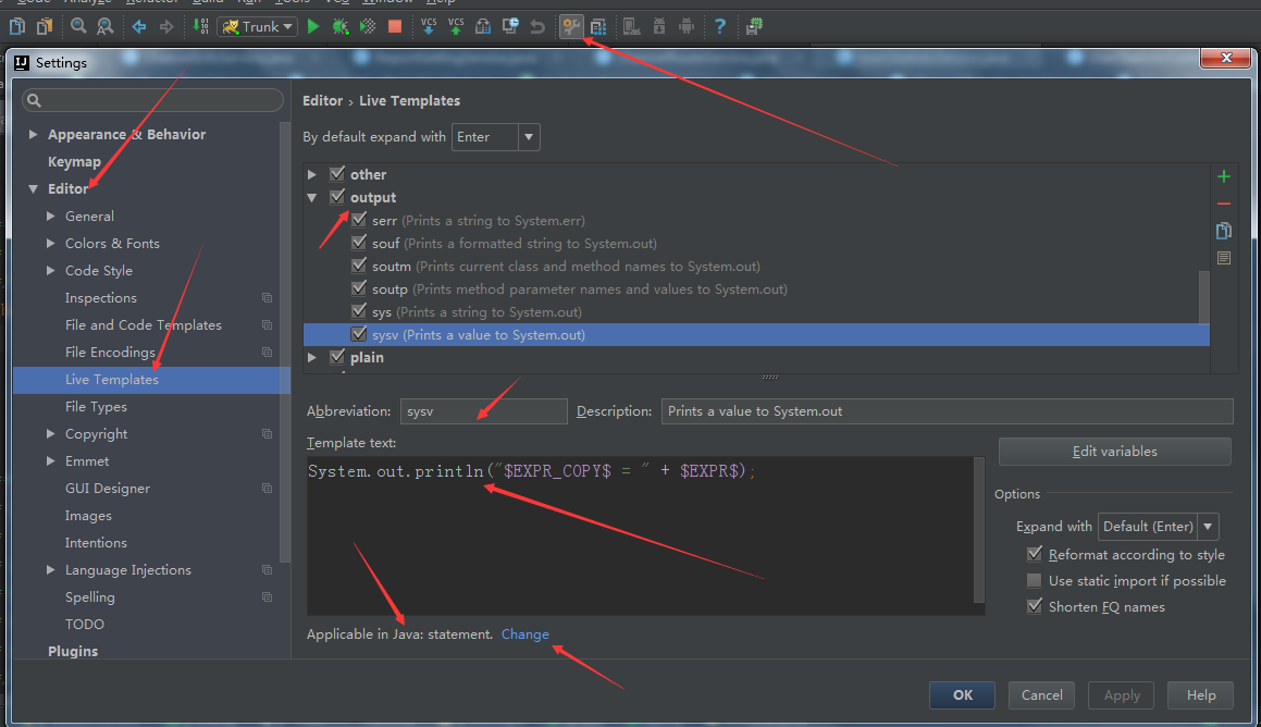 Intellij Idea 中如何设置如：sys直接输出一行等等的快捷编辑操作 即：代码的快捷编辑模板live Templates设置idea Sys Csdn博客