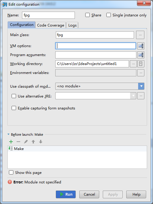 Idea 工程执行时出现 Edit Configuration 对话框。error Module Not Specifiedconfigration Module Not