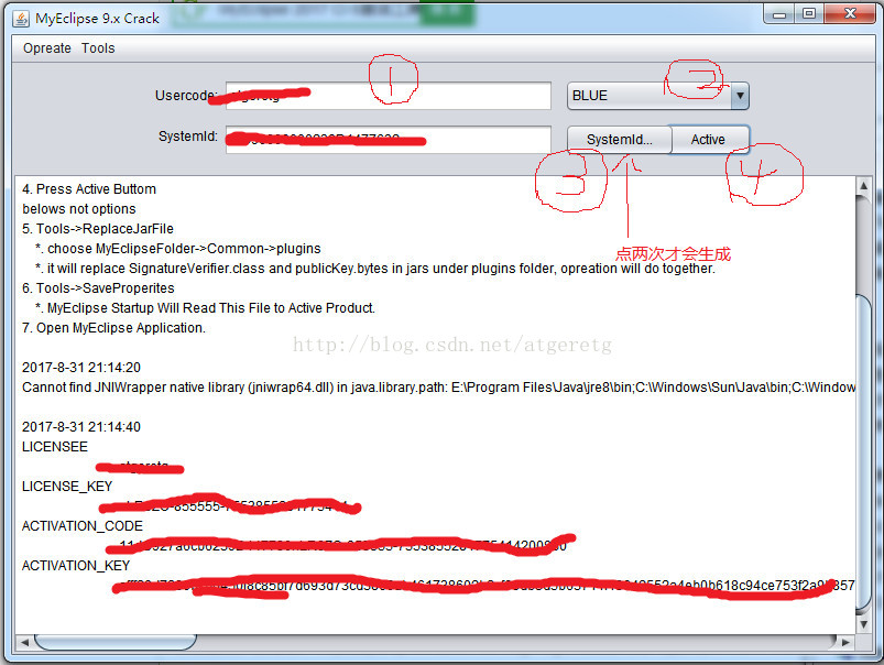 破解最新版的myeclipse2017ci 61选择“blue” 2“usercode”随便输入 3点击“systemid”生成注 Csdn博客 