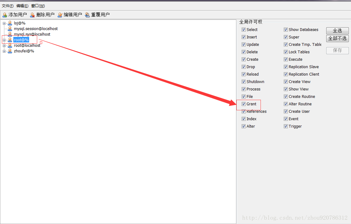 给mysql的root 用户添加grant权限。并给创建的用户赋予权限 2637282556 博客园 