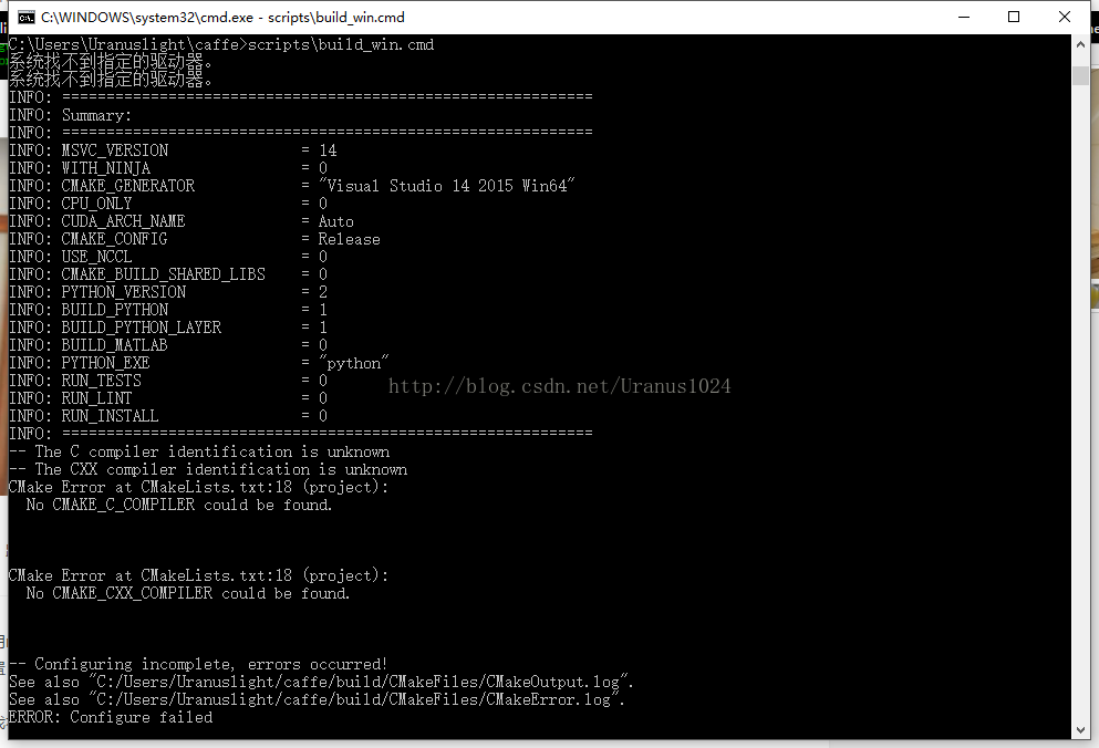 Caffe Vs2015环境配置cmake过程报错—— The C Compiler Identification Is Unknown解决方案 Macos The C Compiler