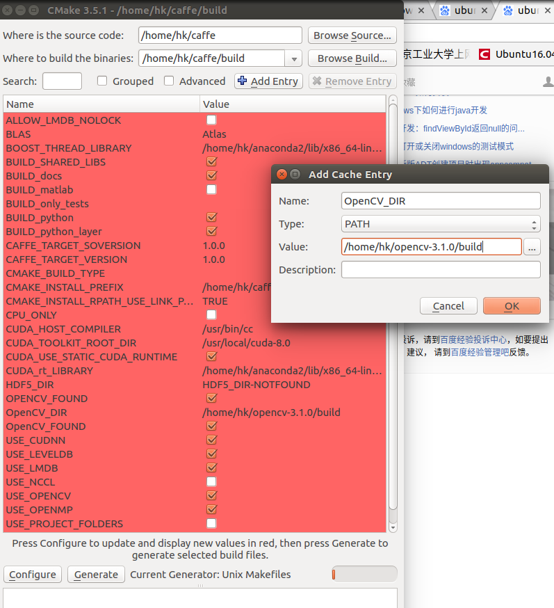 Ubuntu1604anaconda2caffessdopencv310在编译caffe过程中的问题及解决方法 主要遇到三个问题，前两个是caffe在cmake过程中的问题，后一