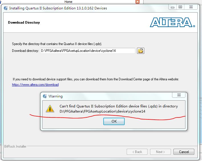 Quartus II软件安装过程中的can't find Quartus II subscription Editon device file ...