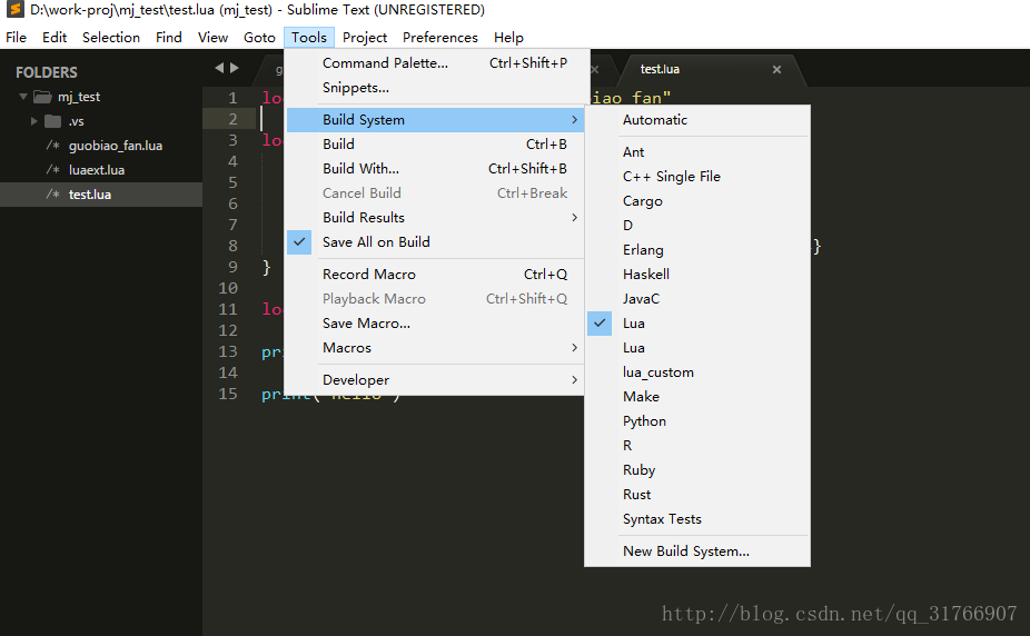笔记：sublime Text 3运行lua代码报错：[winerror 2] 系统找不到指定的文件。 Submit编辑lua显示找不到文件