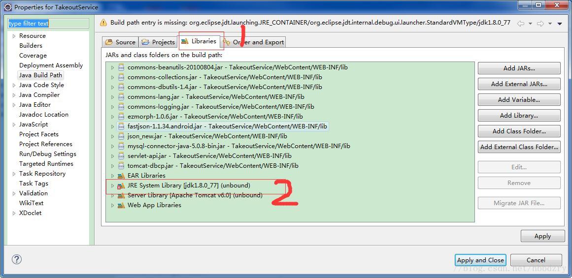 导入javaee项目后报description Resource Path Location Type Unbound Classpath 