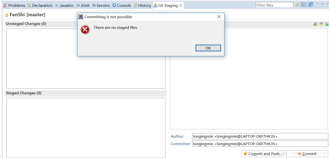 Eclipse 配置git 提交时显示 “there Are No Staged Files” There Are No Staged Tag
