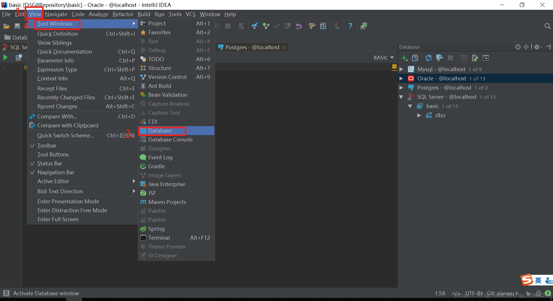 Idea 通过database连接sqlserver，oracle，mysql，postgres数据库配置（图文详解）idea中一个项目既有postgres数据库也有mysql数据库应该