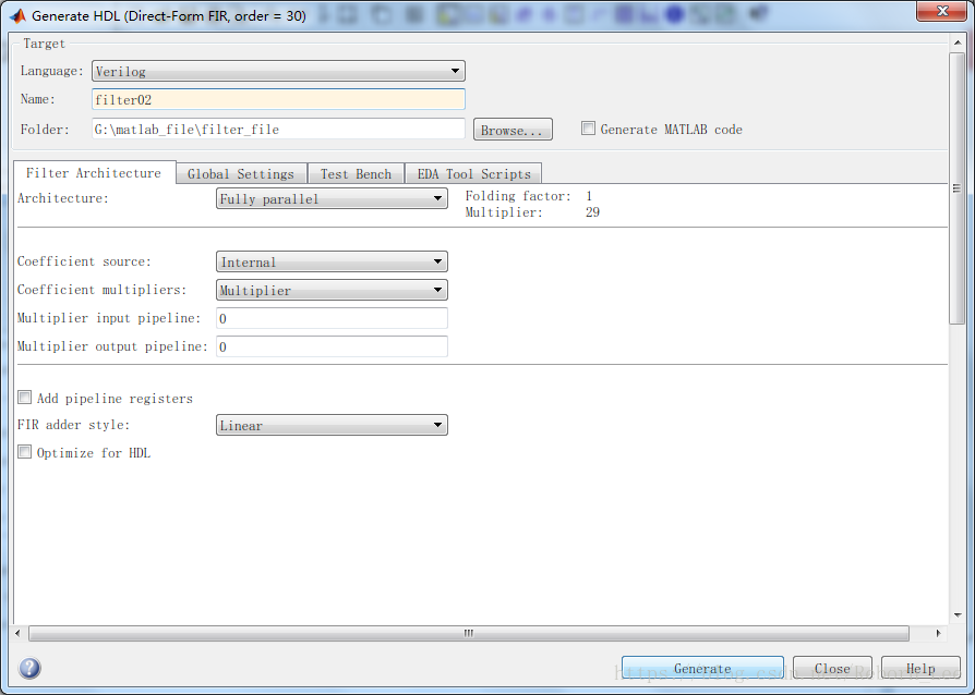 Fpga 】matlab 生成 Fir 滤波器的操作步骤（包括生成verilog Hdl代码以及仿真过程） Filterdesigner 生成