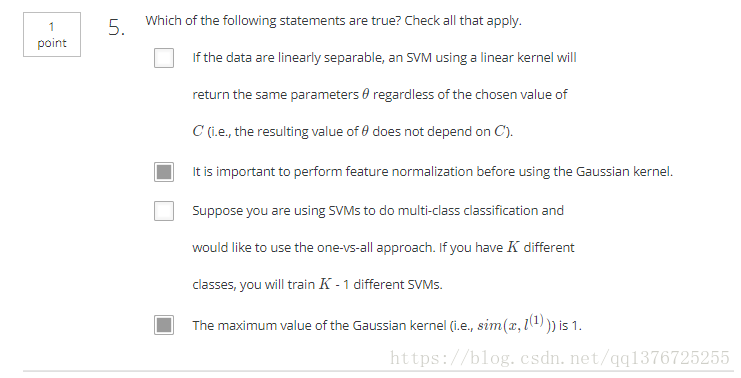 Coursera 吴恩达 机器学习 第七周 测验 Support Vector Machinescoursea Machine 